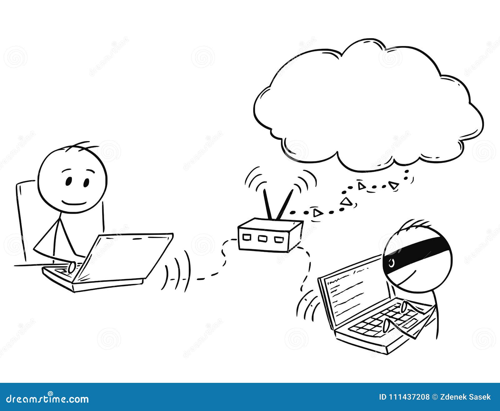 Cartoon of Man or Businessman Working on Computer while Hacker is ... Cartoon of Man or Businessman Working on Computer while Hacker is ...