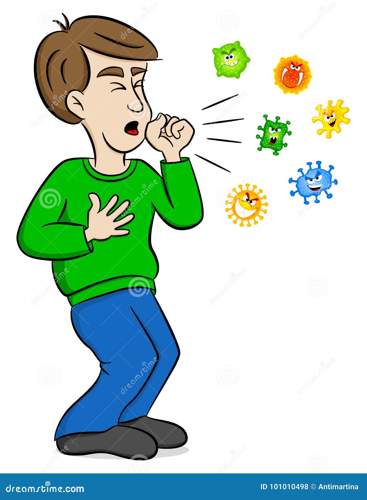 Cartoon Man Coughing and Surrounded by Viruses Stock Vector ...