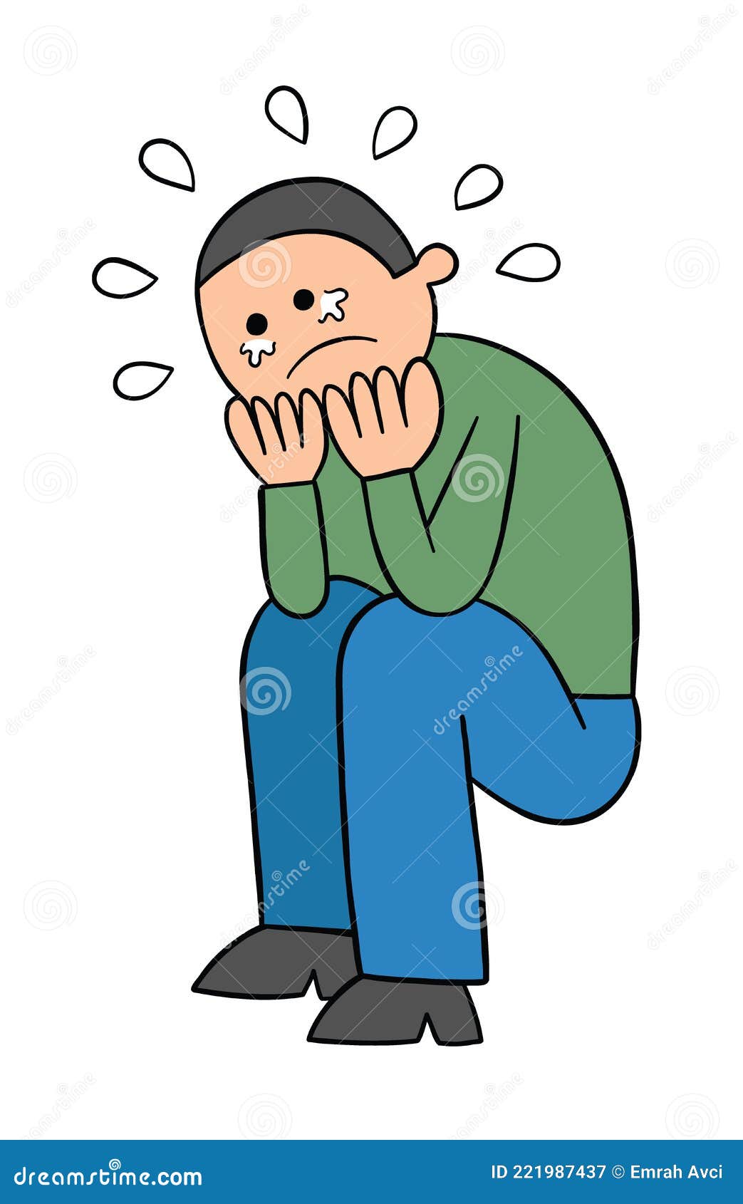 Cartoon Man is Crouching on the Ground and Crying, Vector Illustration ...
