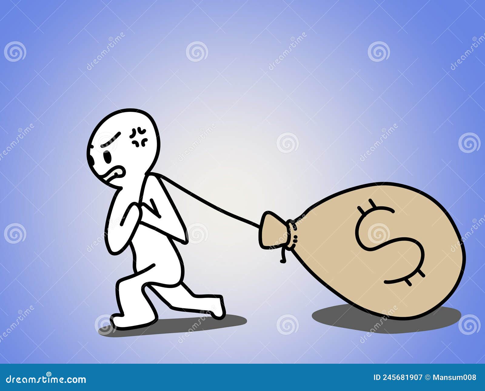Cartoon Man Dragging Money Bag Stock Illustration - Illustration of ...