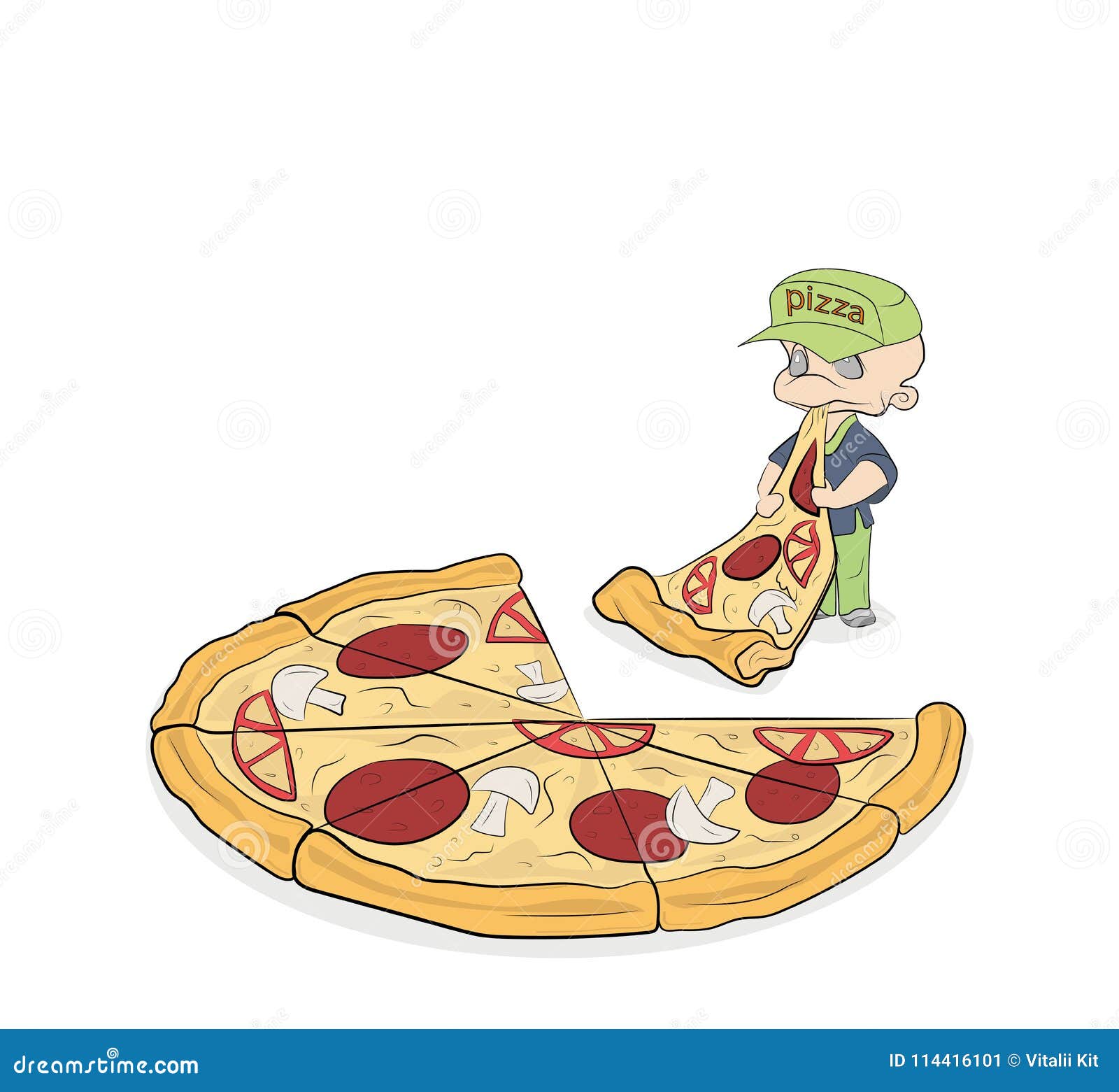 Cartoon Man Eating a Slice of Pizza on a Background of a Large Pizza ... Cartoon Man Eating a Slice of Pizza on a Background of a Large Pizza ...