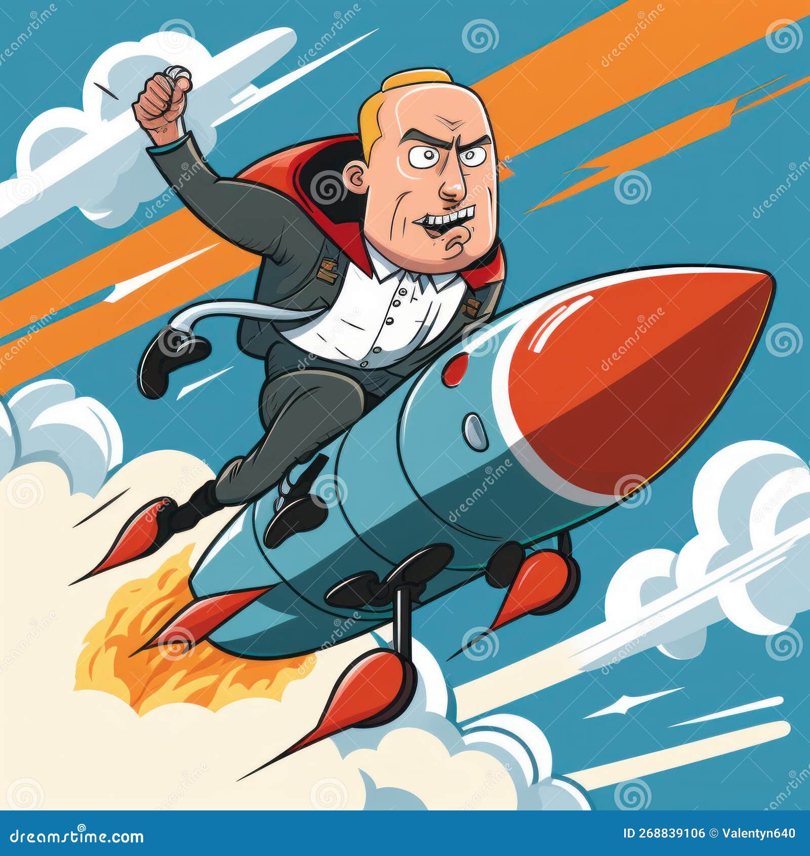Cartoon of a Man Flying on a Rocket. Generative AI Stock Photo - Image ...