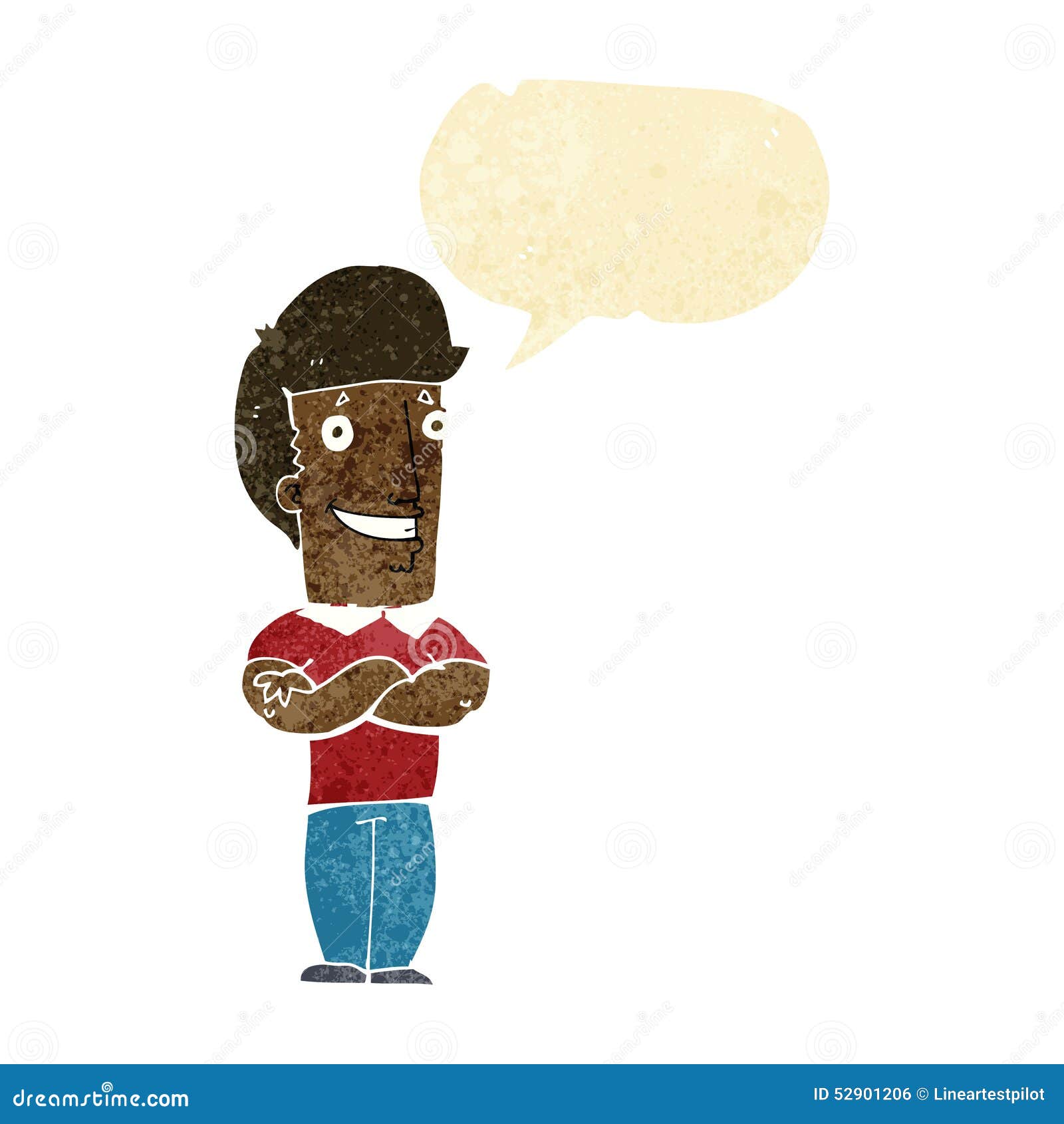 Cartoon Man with Folded Arms Grinning with Speech Bubble Stock ...
