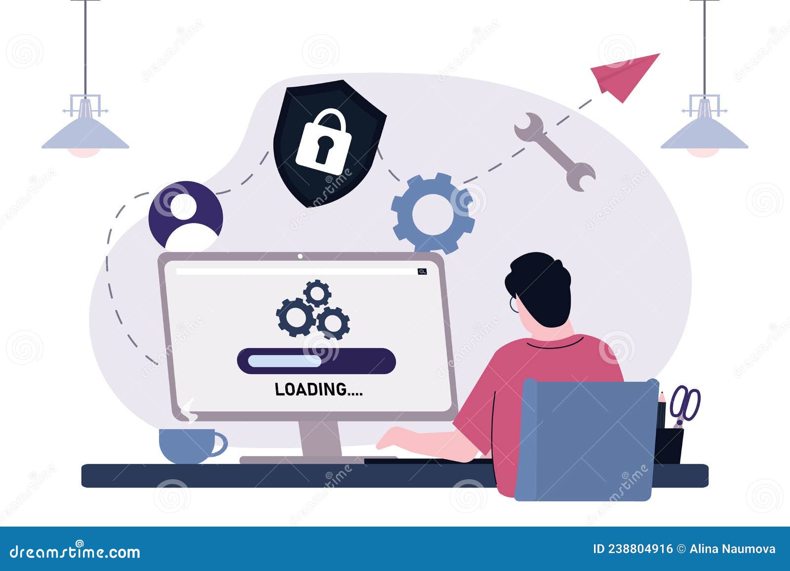 Cartoon Man in Front of Computer with System Update. Handsome Guy on ...