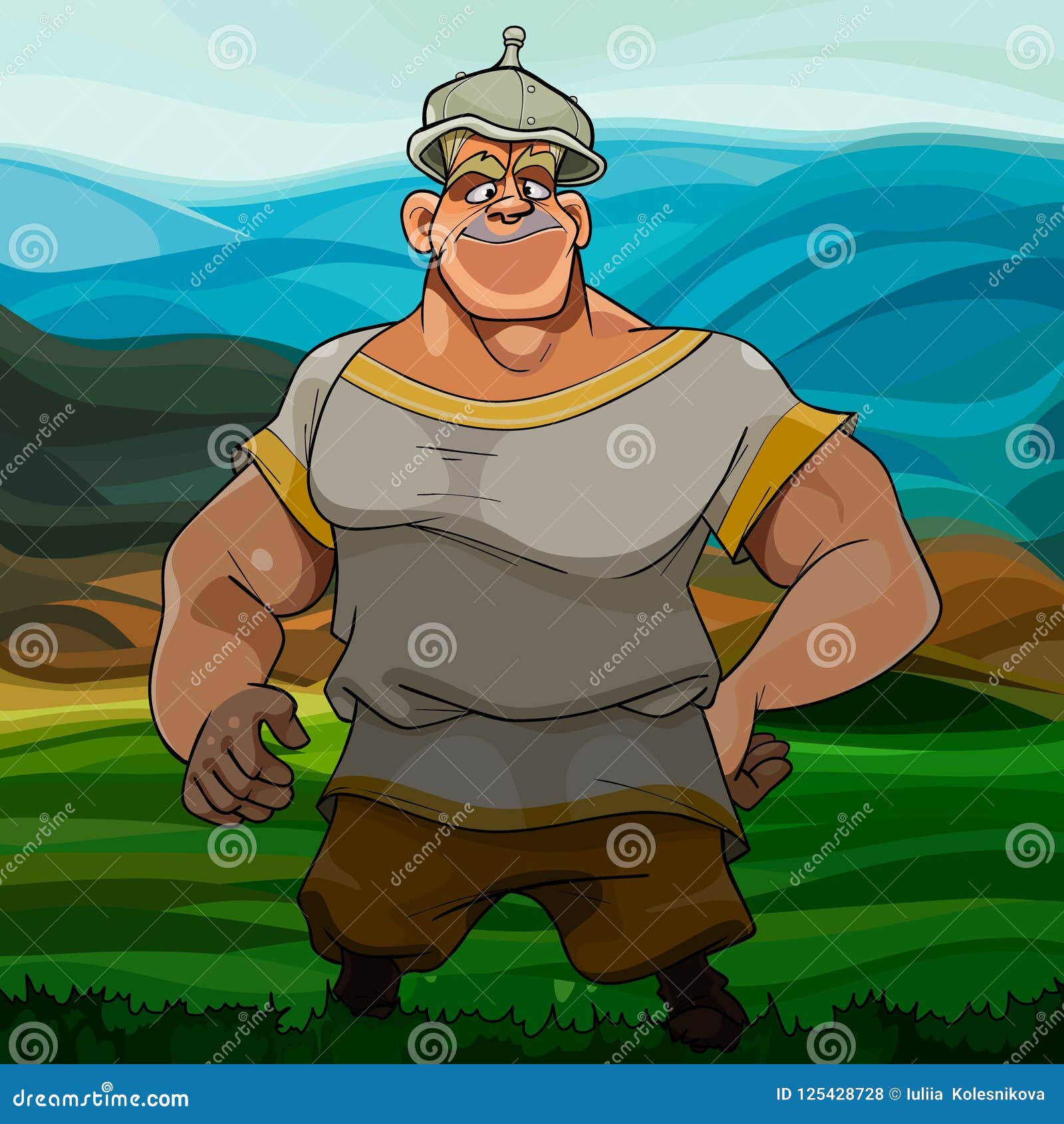 Cartoon Man Hero in a Helmet Stands in the Steppe Stock Vector ...
