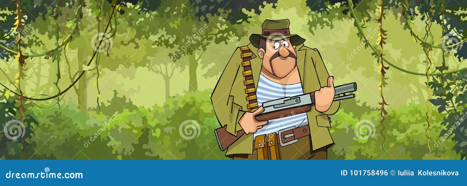 Cartoon Man Hunter with a Gun Walking through the Forest Stock Vector ...