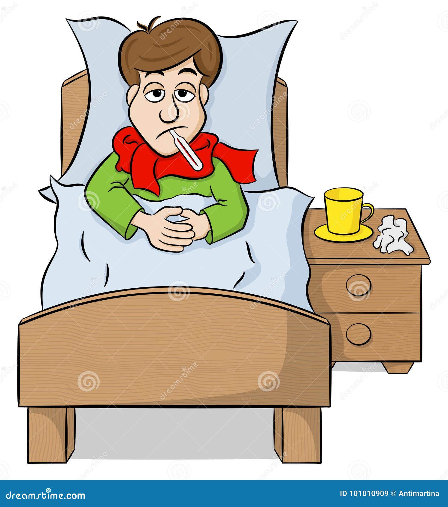 Cartoon Man Lying in Bed with Fever Stock Vector - Illustration of care ...