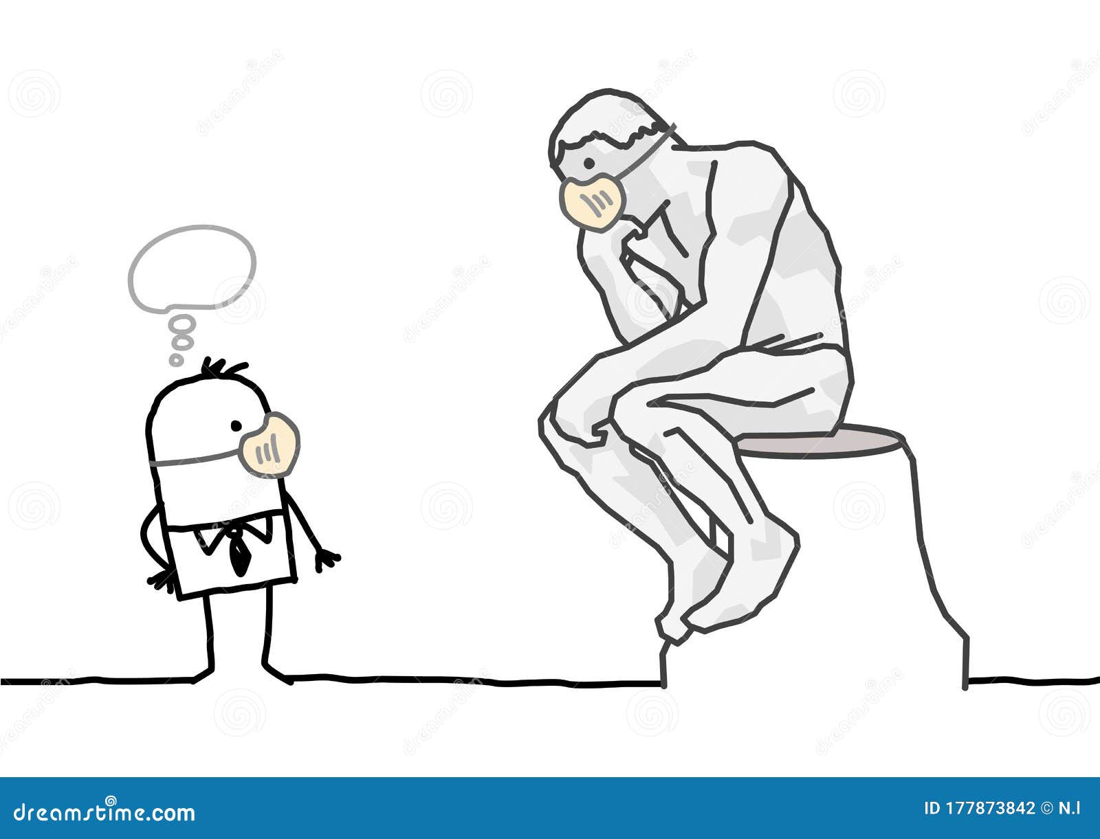 Cartoon Man With A Mask Watching A Famous Thinking Sculpture With A ...