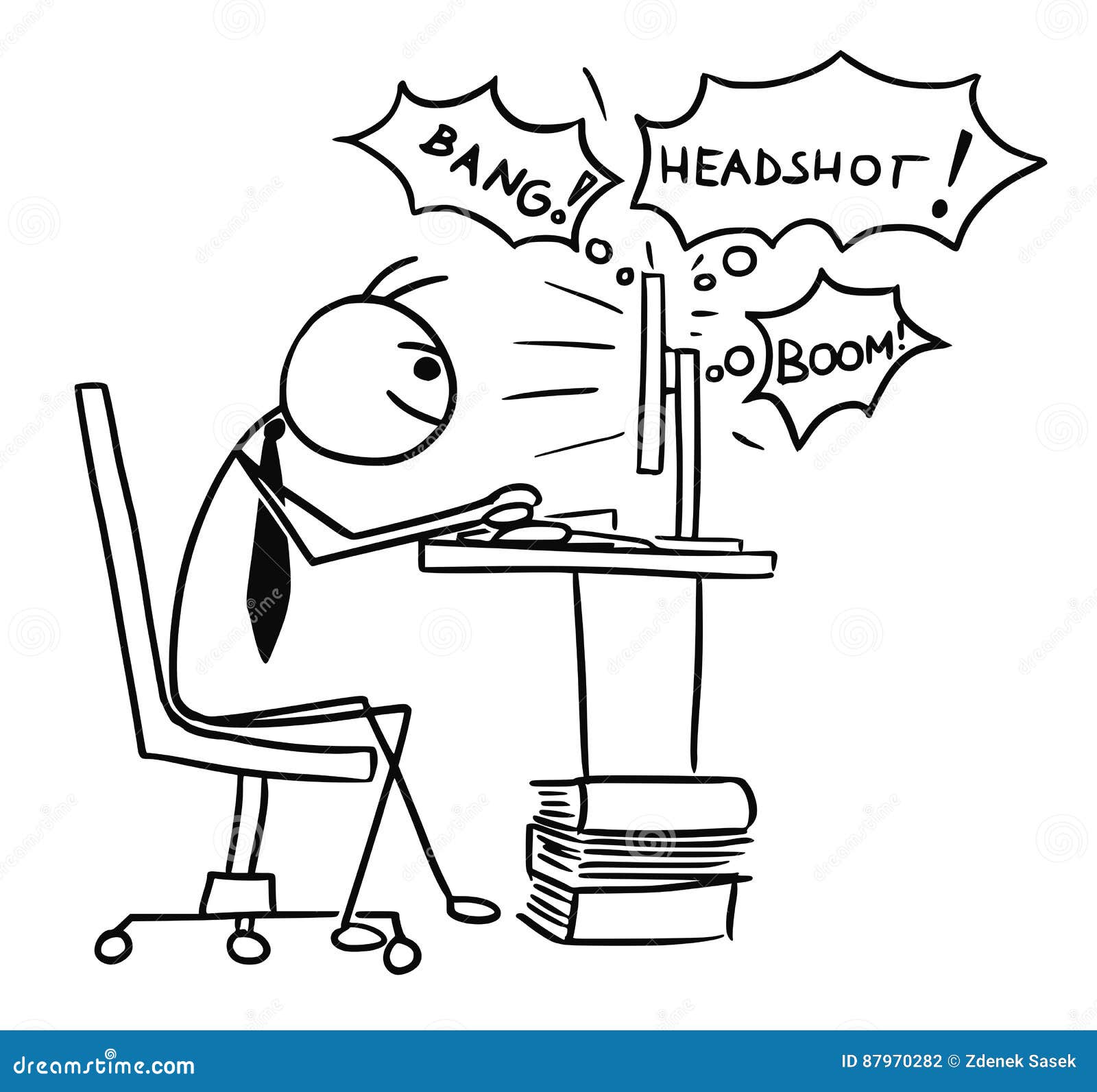 Cartoon of Man Playing Video Game on Computer Screen during Job Stock ...