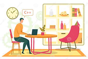 Cartoon Man Programmer Coder Writing Code at Home Stock Vector ...