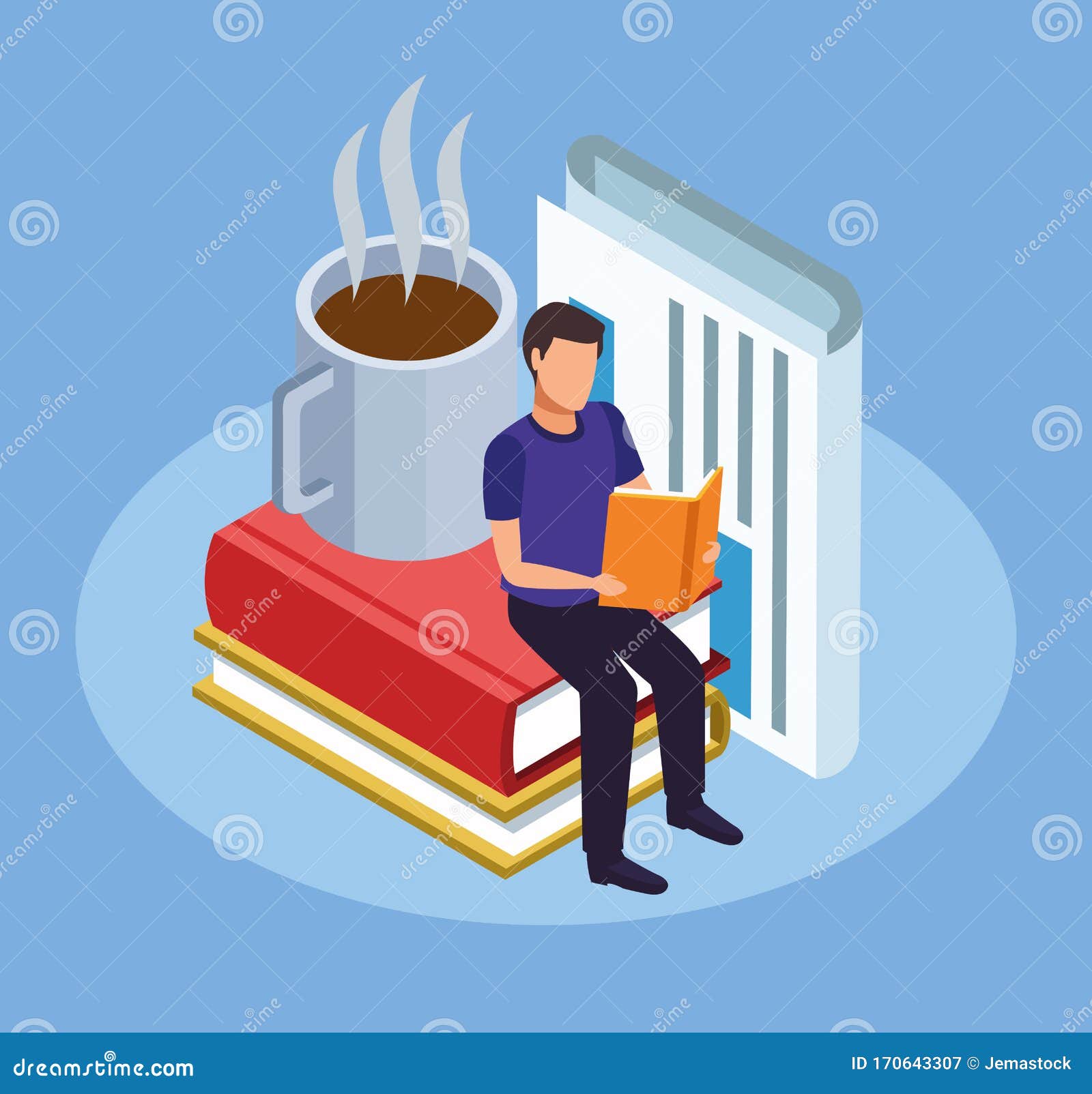 Cartoon Man Reading A Book Sitting On Stack Of Big Books And Hot Coffee