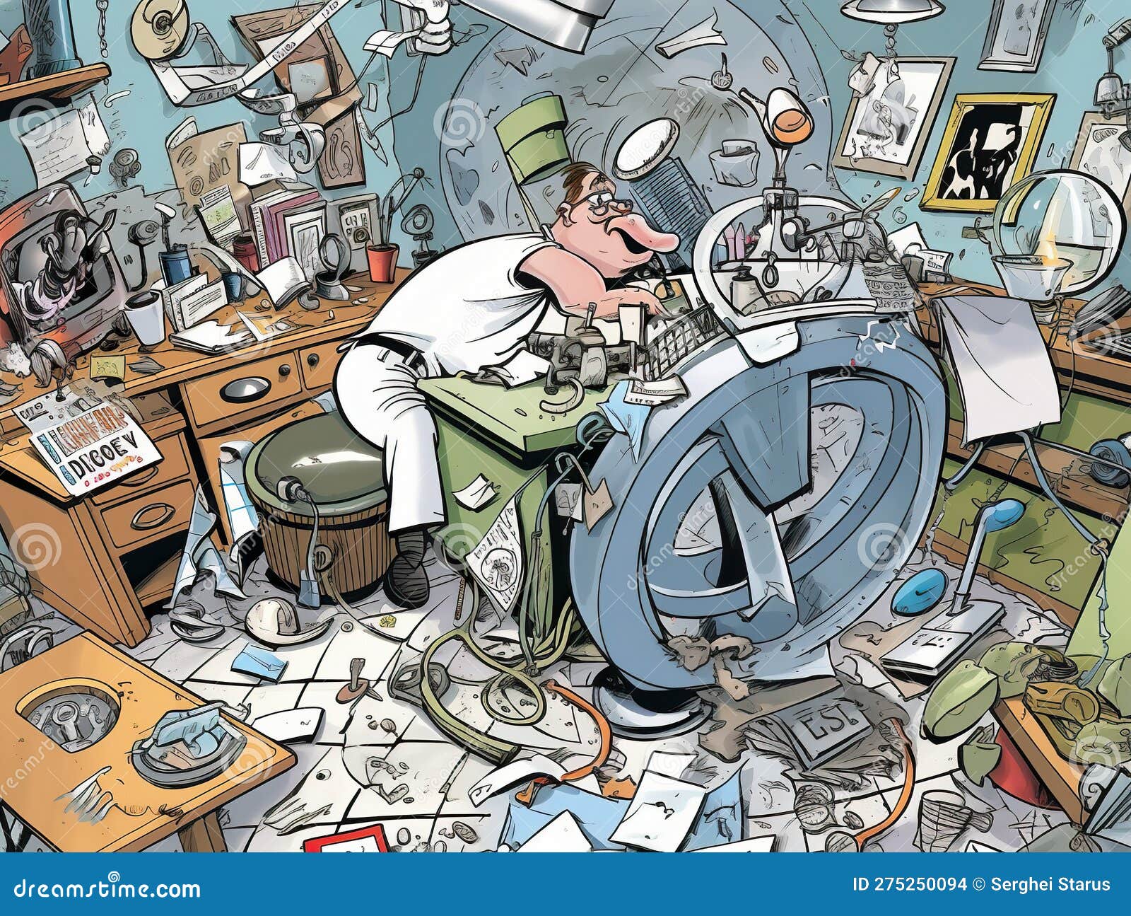 A Cartoon of a Man Sitting at a Desk Surrounded by Clutter. AI ...
