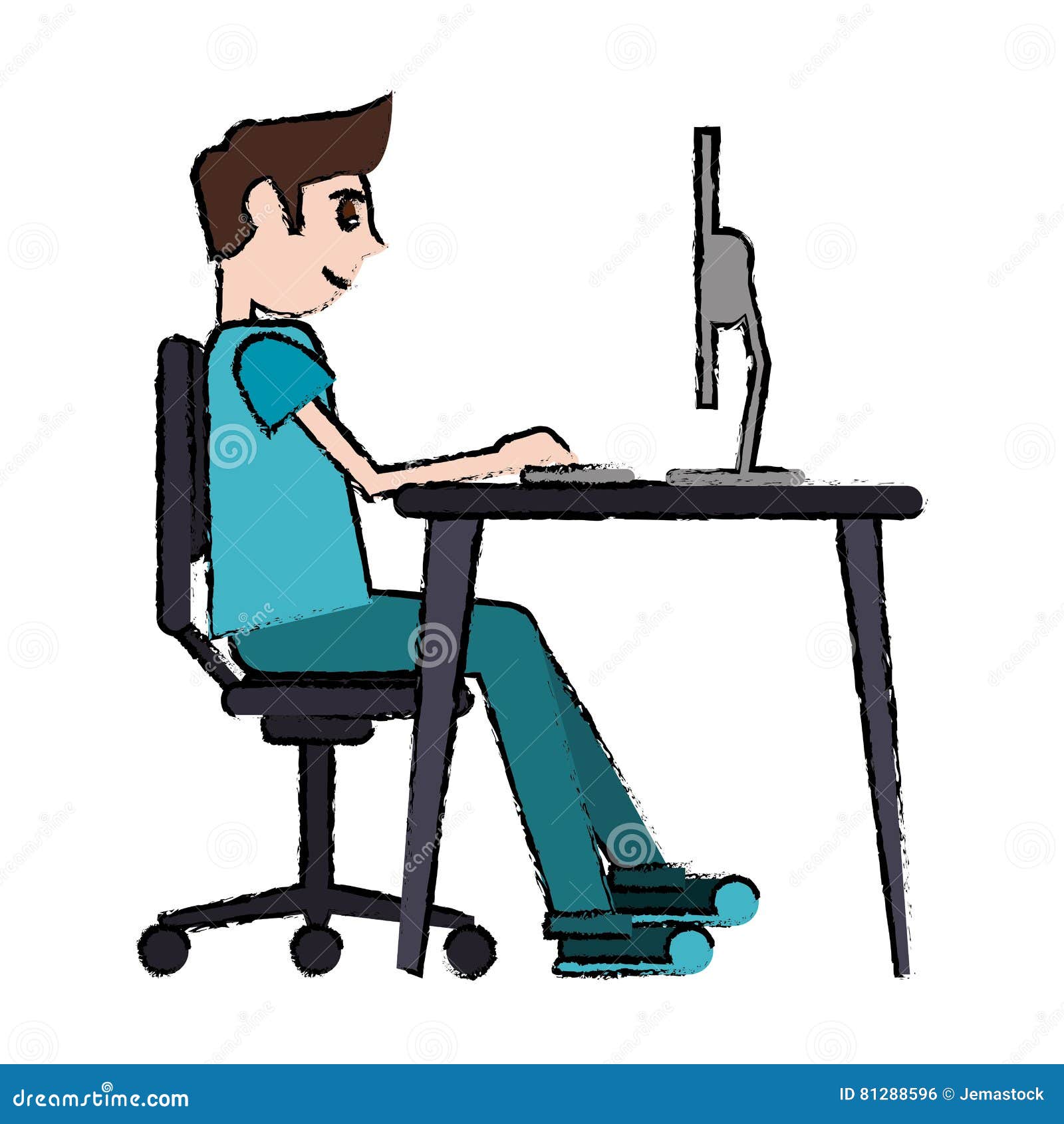 Cartoon Man Sitting Using Laptop on Desk Design Stock Vector ...