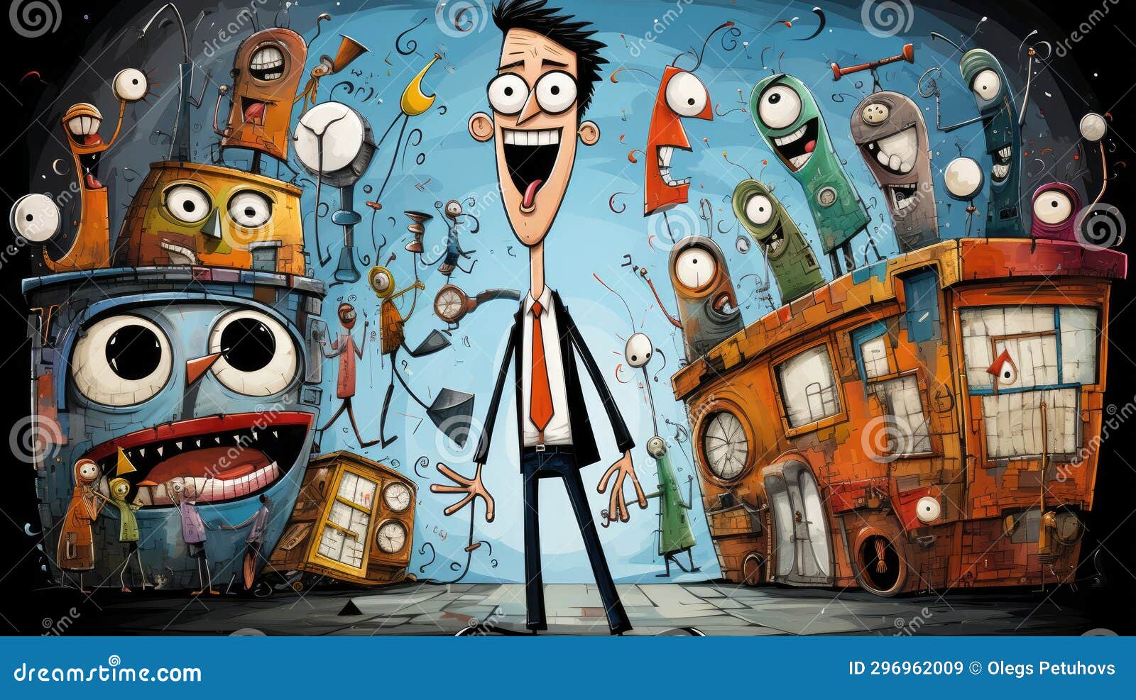 A Cartoon of a Man Standing in Front of a Bunch of Strange Looking ...