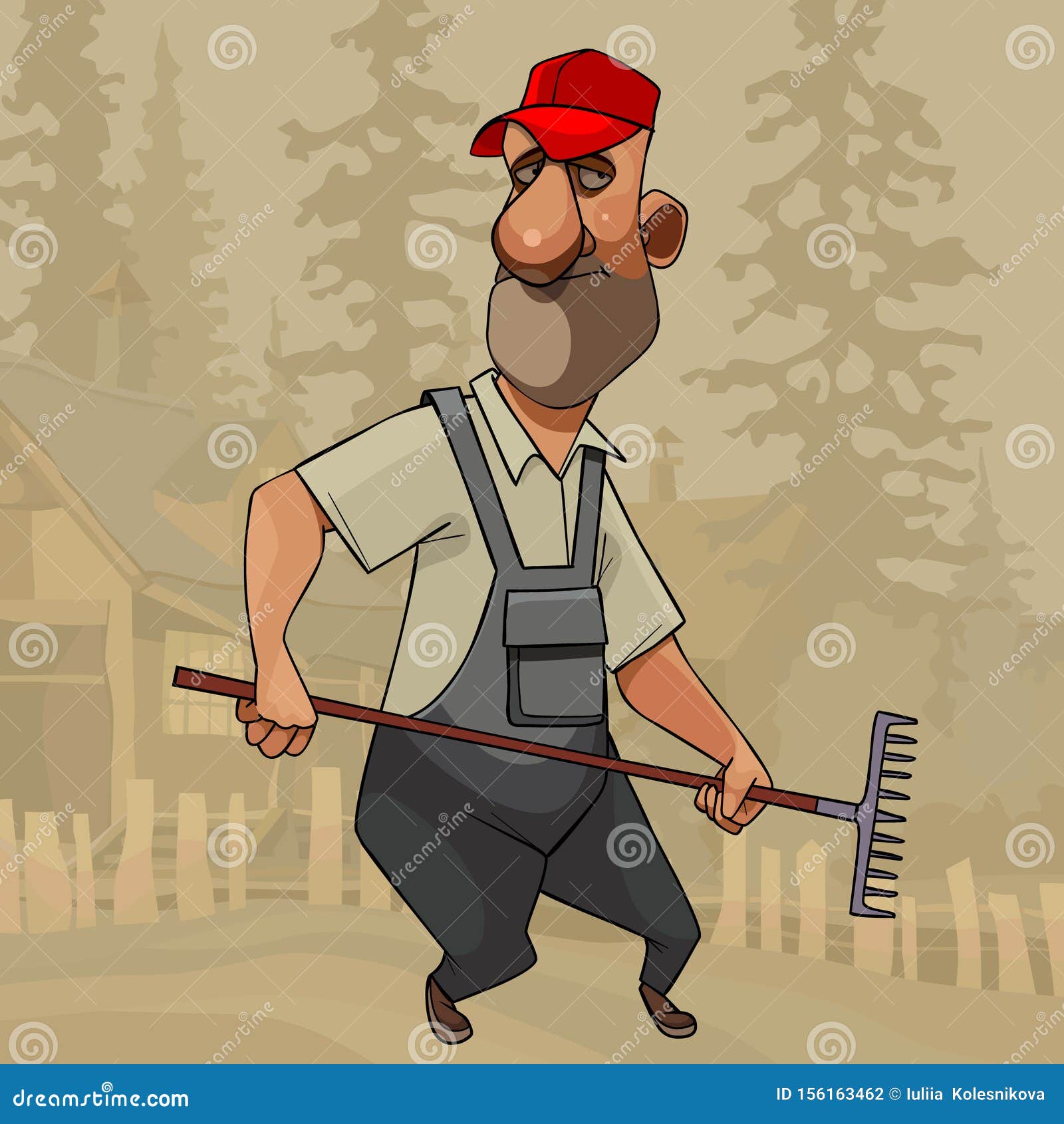 Cartoon Man Stands with a Rake in His Hands Stock Vector - Illustration ...