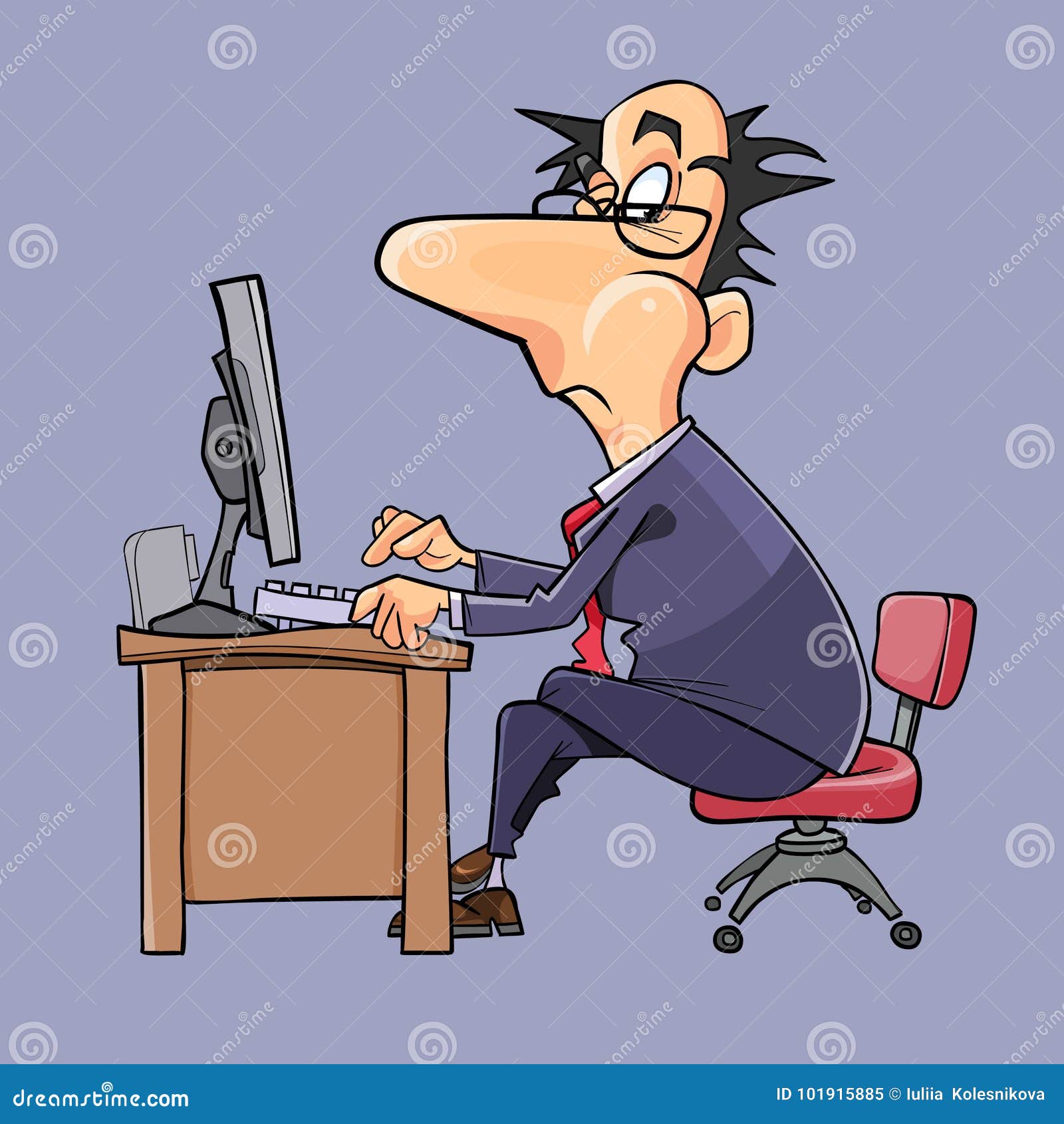 Cartoon Man in Suit and Tie Working at Computer Stock Vector ...
