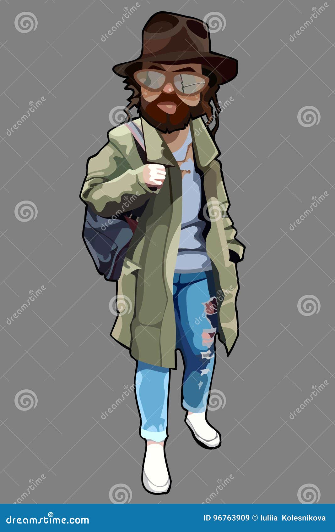 Cartoon Man in Tattered Clothes with a Beard and in a Hat Stock Vector ...