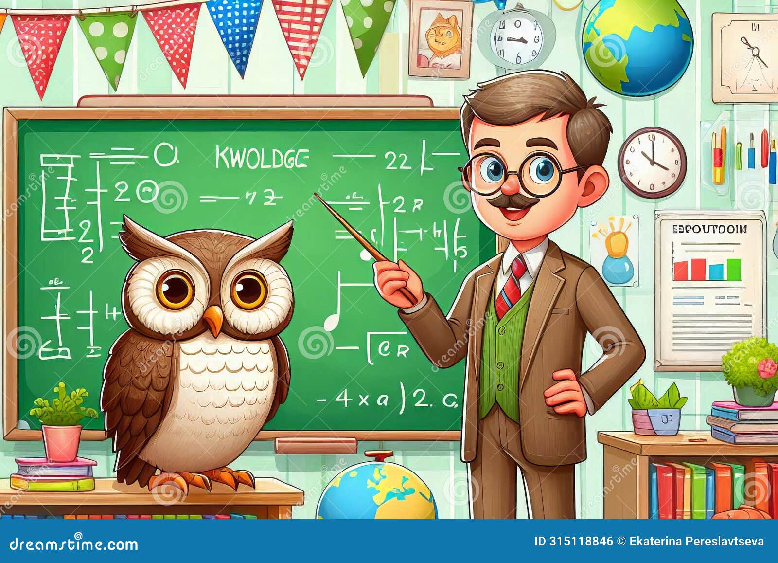 A Cartoon Man is Teaching Class with a Green Board Behind Him Stock ...