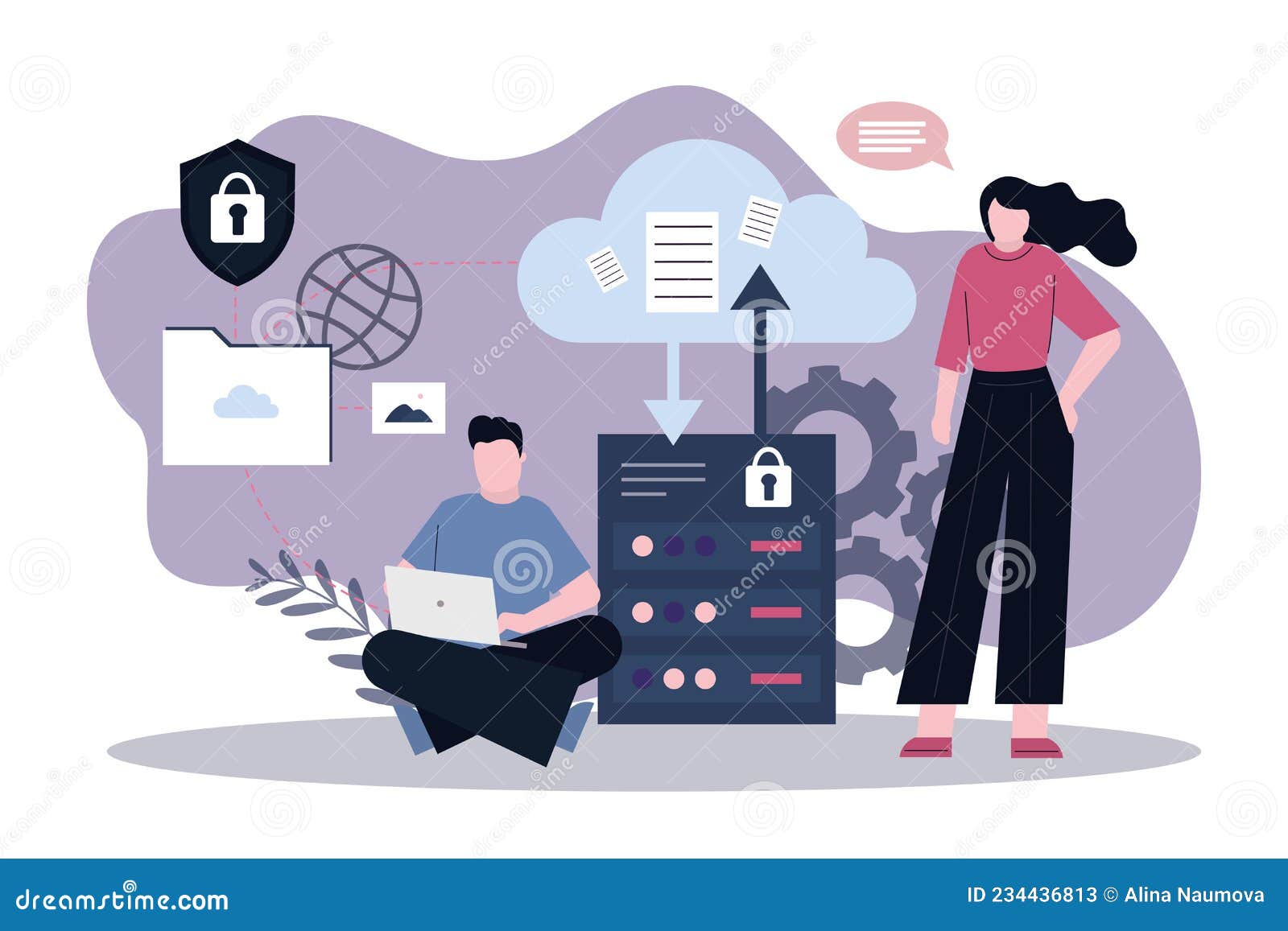 Cartoon Man Uploading Files To Cloud Storage. Hosting Stage Service ...