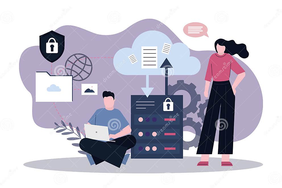 Cartoon Man Uploading Files To Cloud Storage. Hosting Stage Service ...