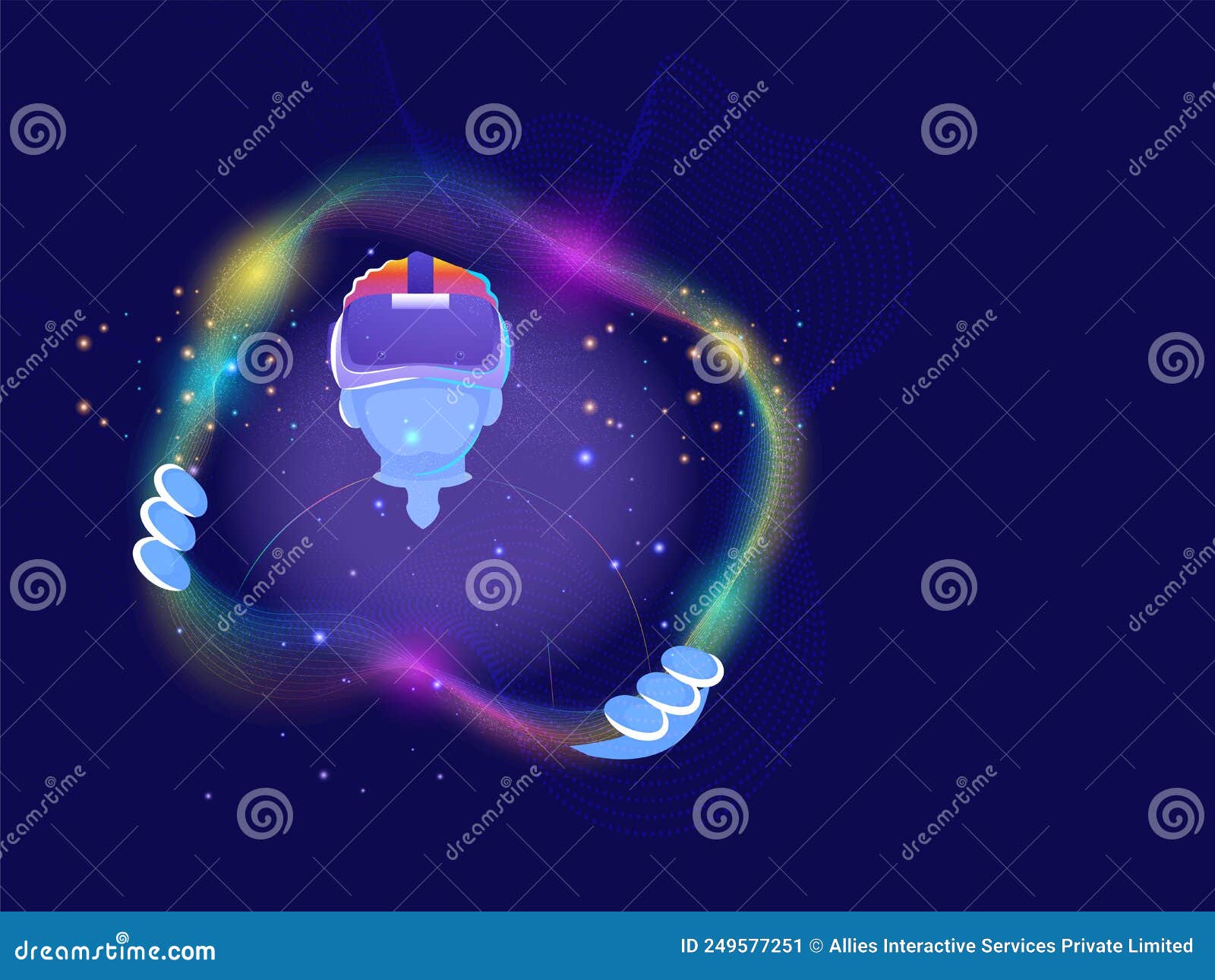 Cartoon Man Wearing VR Glasses with Lights Effect and Abstract Waves on ... Cartoon Man Wearing VR Glasses with Lights Effect and Abstract Waves on ...