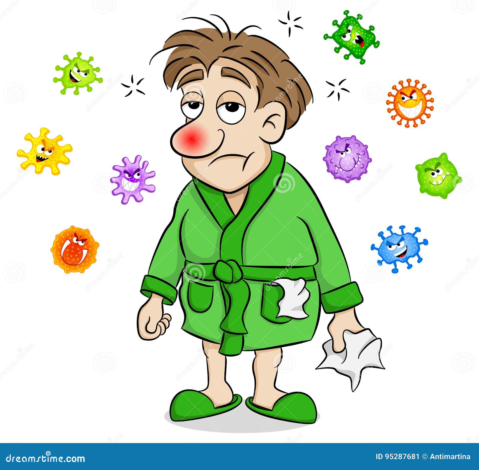 Cartoon Man Who is Sick and Surrounded by Viruses Stock Vector ...