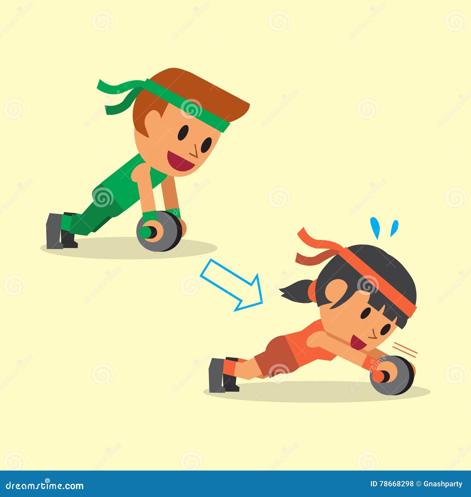 Cartoon Man And Woman Doing Ab Wheel Rollout Exercise Step Training ...