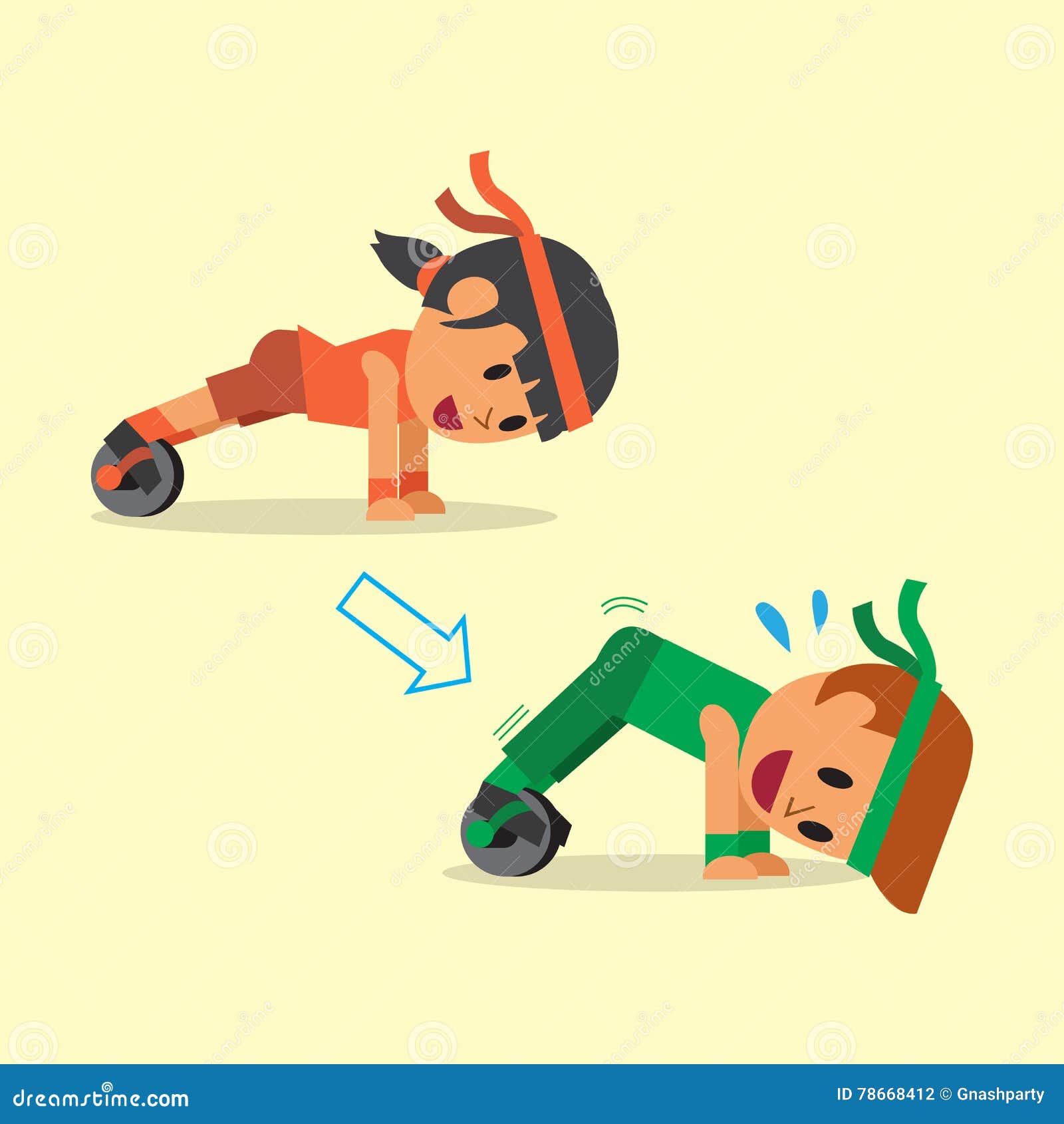 Cartoon a Man and a Woman Doing Ab Wheel Rollout Exercise Step Training ...