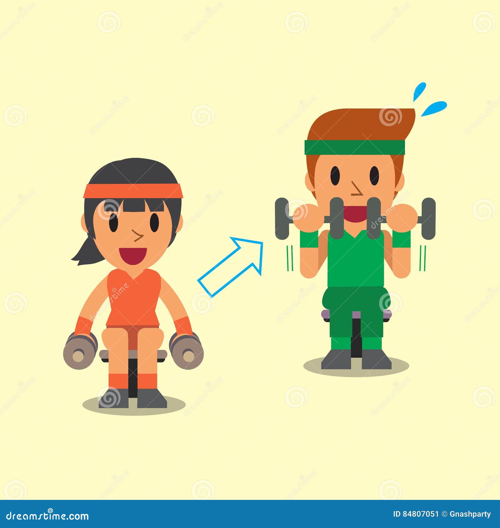 Cartoon Man and Woman Doing Dumbbell Curl Exercise Step Training Stock ...