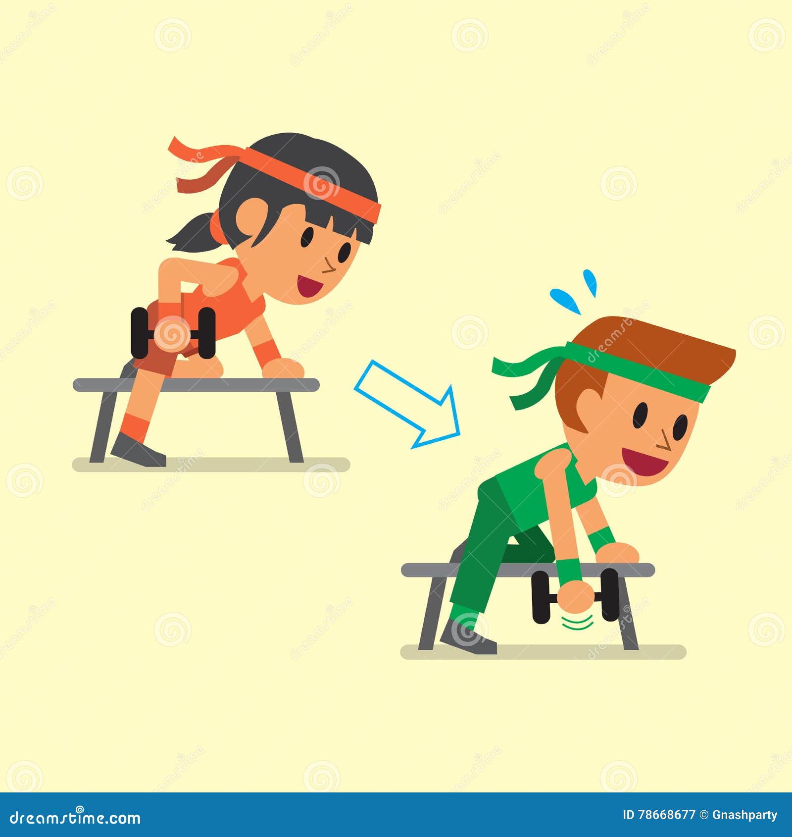 Cartoon Man and Woman Doing Dumbbell Row Exercise Step Training Stock ...
