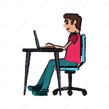 Cartoon Man Working Front Computer with Pc Stock Vector - Illustration ...