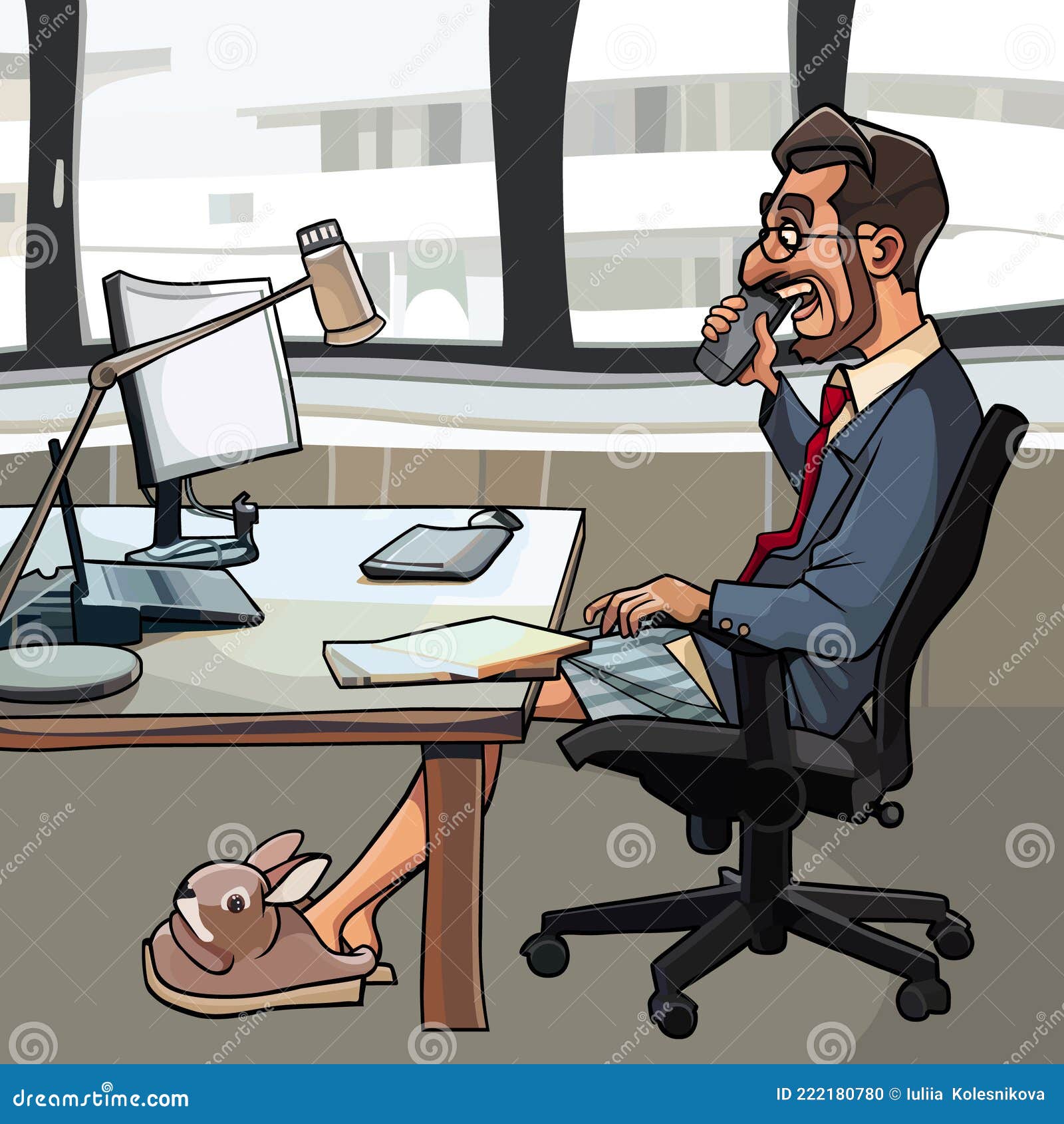 Cartoon Man Working At Home Sitting At A Computer Desk In A Jacket With ...