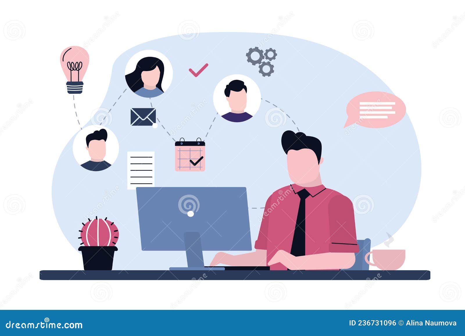 Cartoon Man Working and Outsourcing on Computer. Handsome Guy Video ...