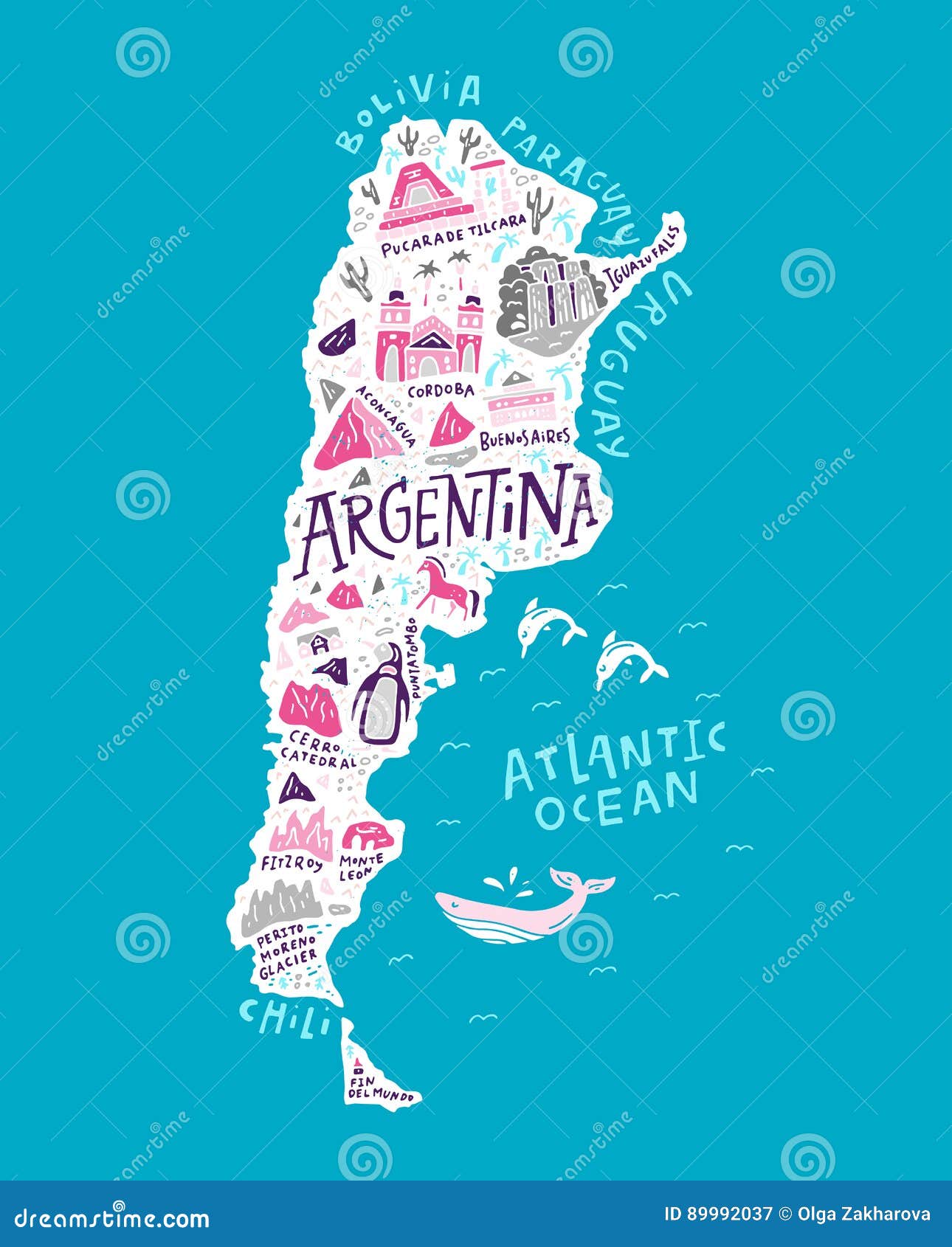 Cartoon Map Of Argentina. Travel Illustration With South American ...