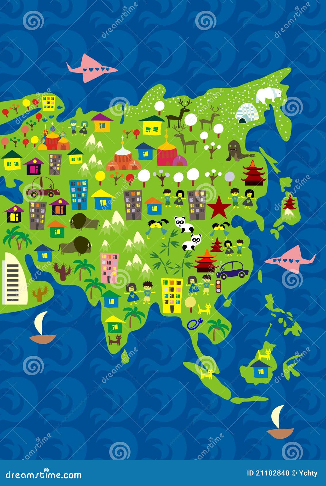 Cartoon Map of Asia and Oceania in Vector Stock Vector - Illustration ...