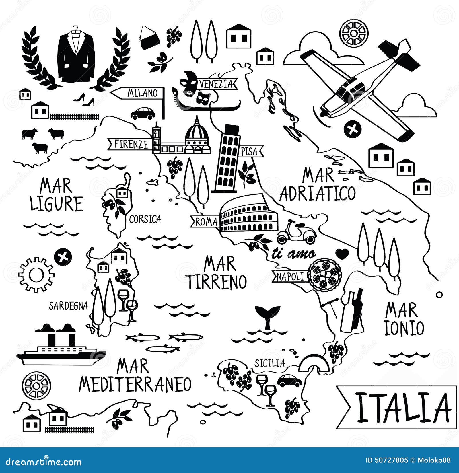 Cartoon Map of Italy stock vector. Illustration of olive - 50727805