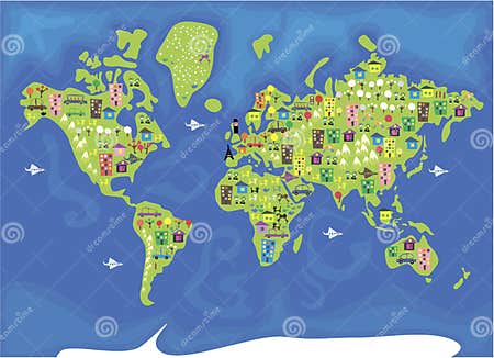 Cartoon Map of the World in Vector Stock Vector - Illustration of city ...