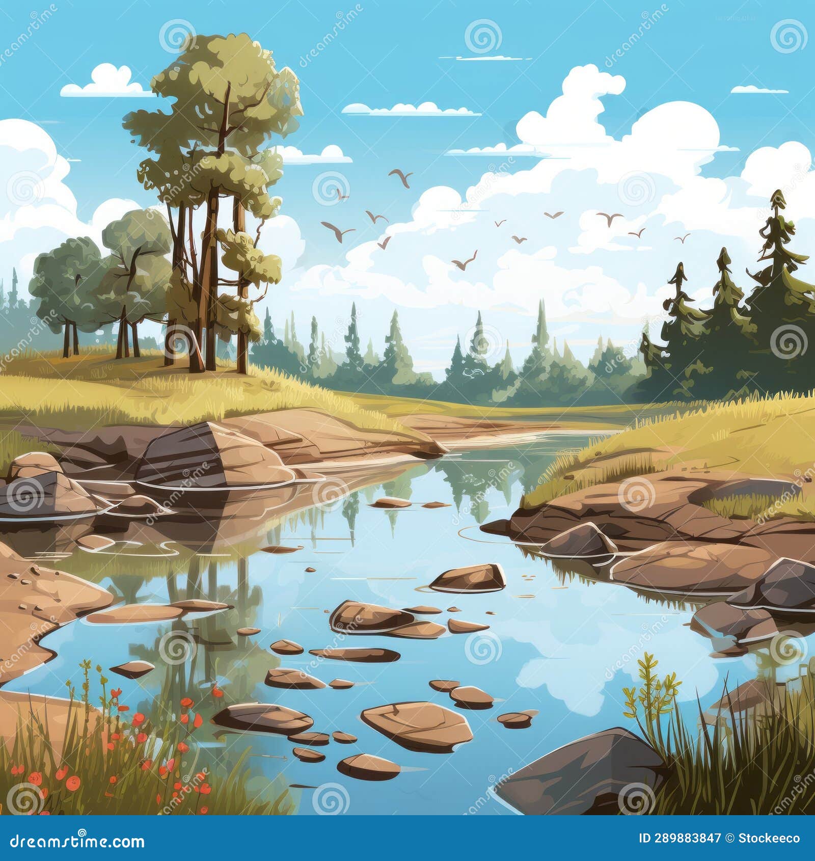 Cartoon Marsh Illustration With Reflective Water, Trees, And Rocks ...