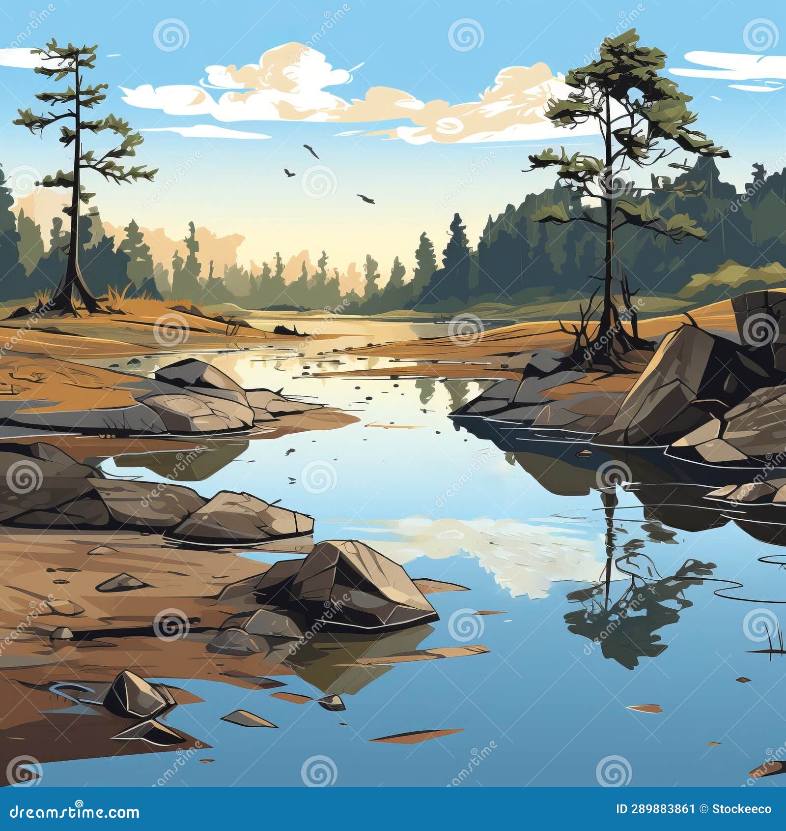 Cartoon Marsh Landscape with Reflective Water, Trees, and Rocks Stock ...