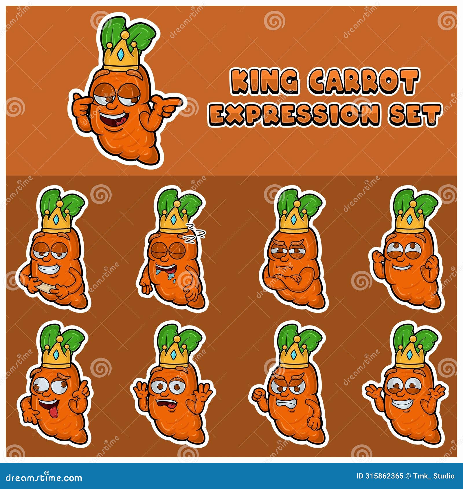 Cartoon Mascot of Carrot Character with King and Expression Set Stock ...