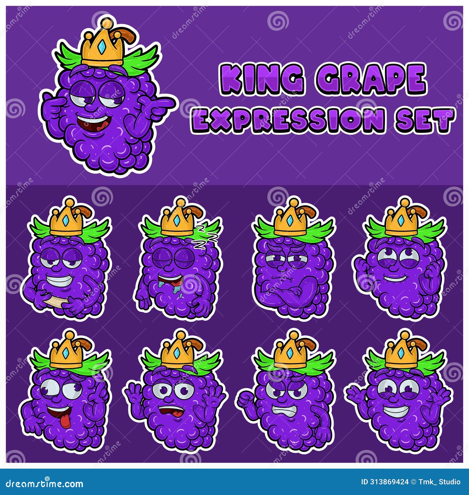 Cartoon Mascot of Grape Character with King and Expression Set Stock ...