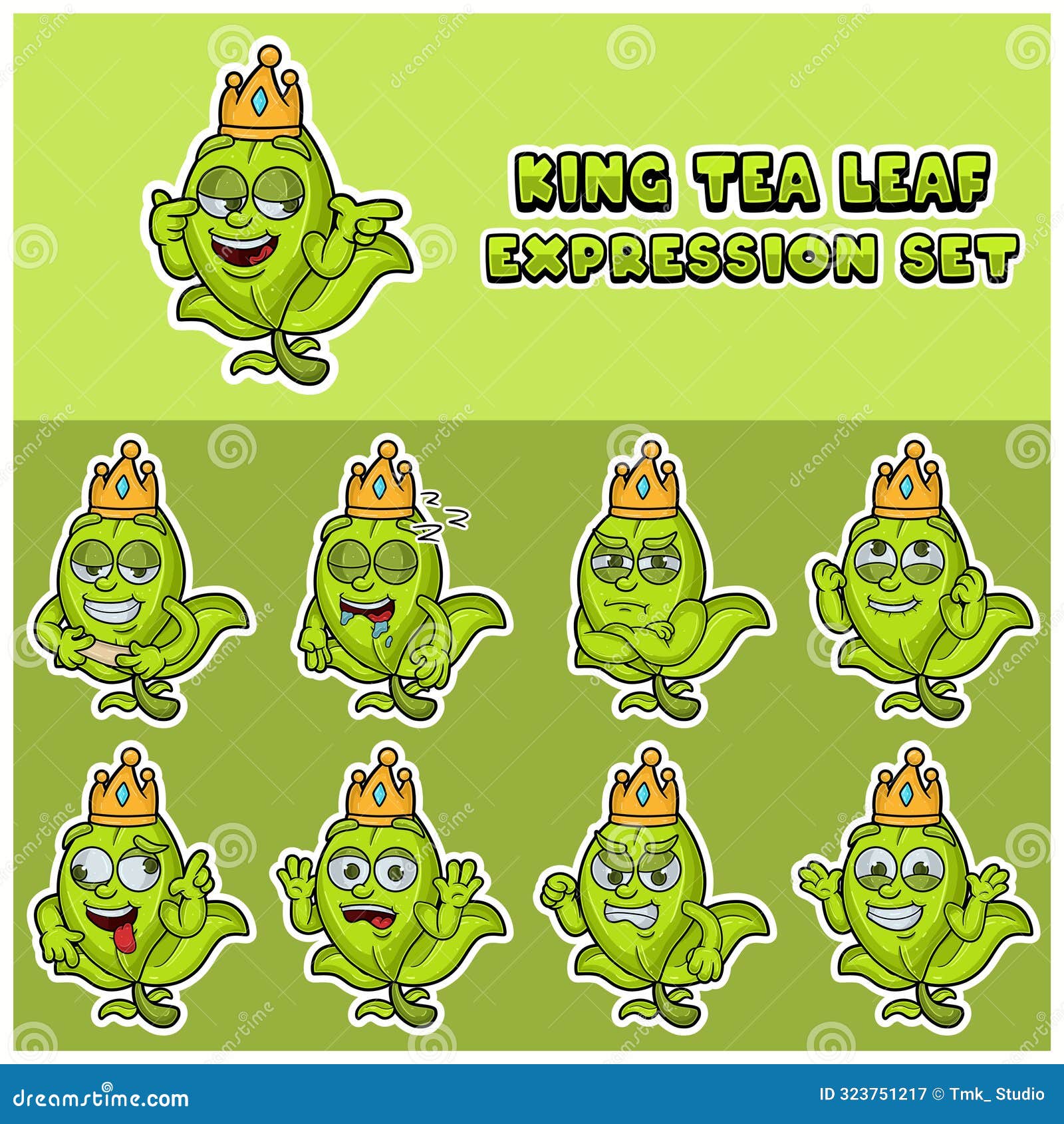 Cartoon Mascot of Tea Leaf Character with King and Expression Set Stock ...