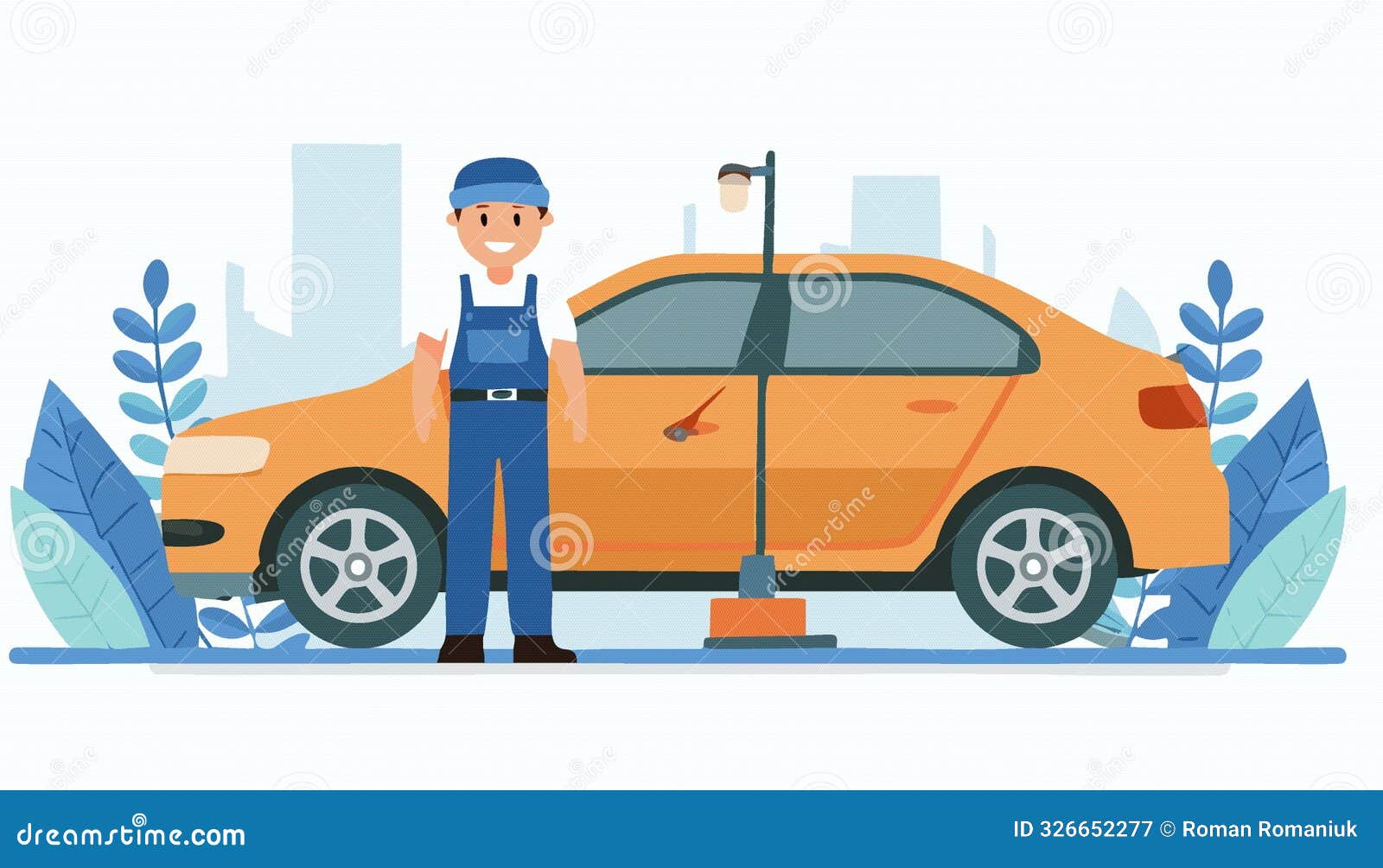 Cartoon Mechanic Repairs Broken Orange Car in Maintenance Workshop ...