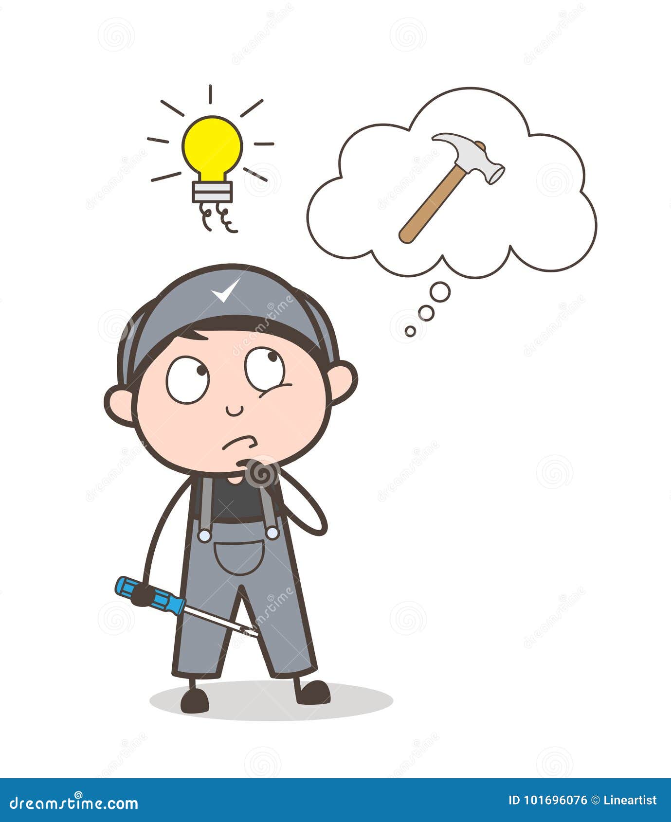 Cartoon Mechanic Thinking about Hammer Tool Vector Stock Illustration ...