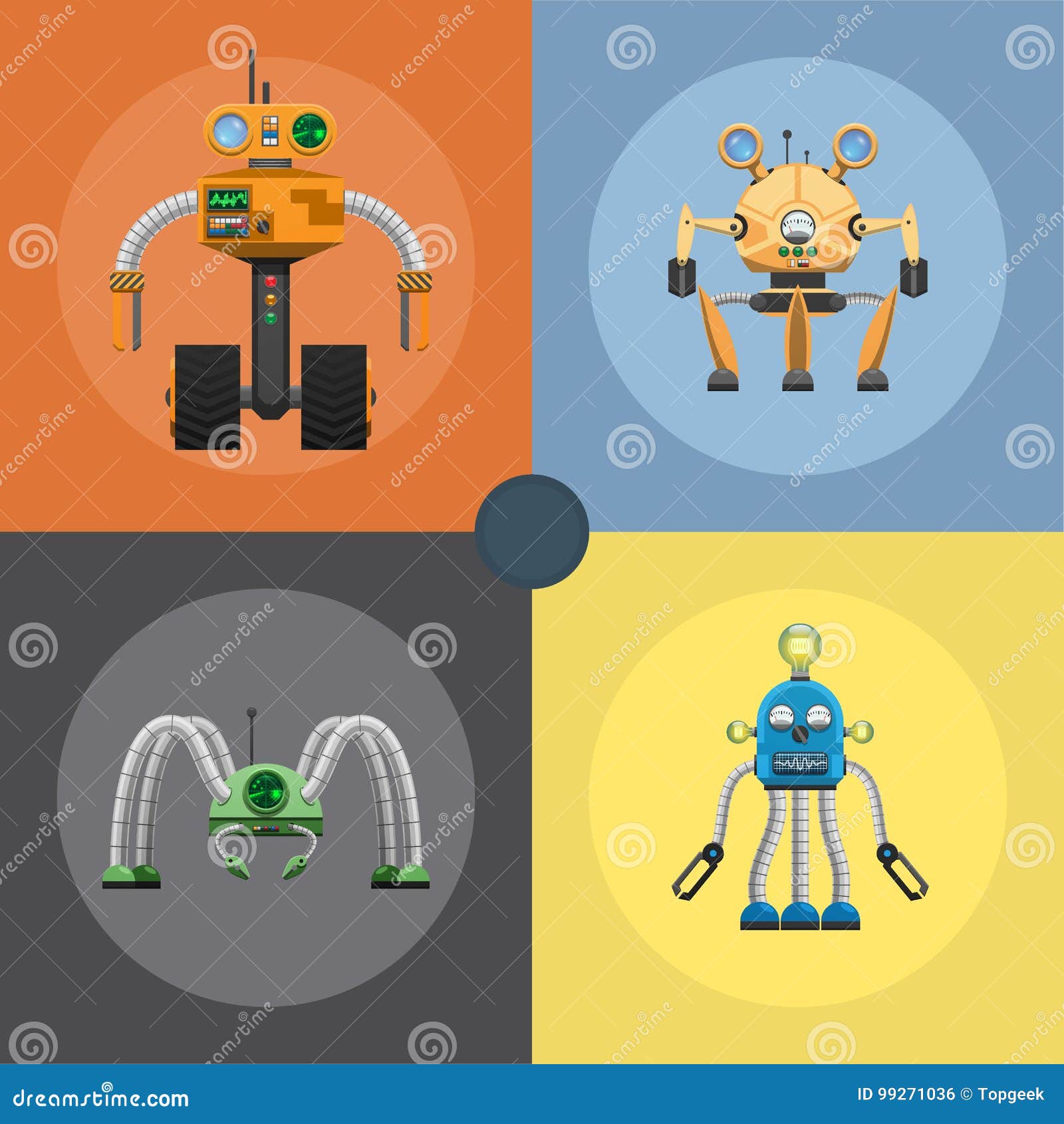 Cartoon Mechanical Steel Robots Illustrations Set Stock Vector ...