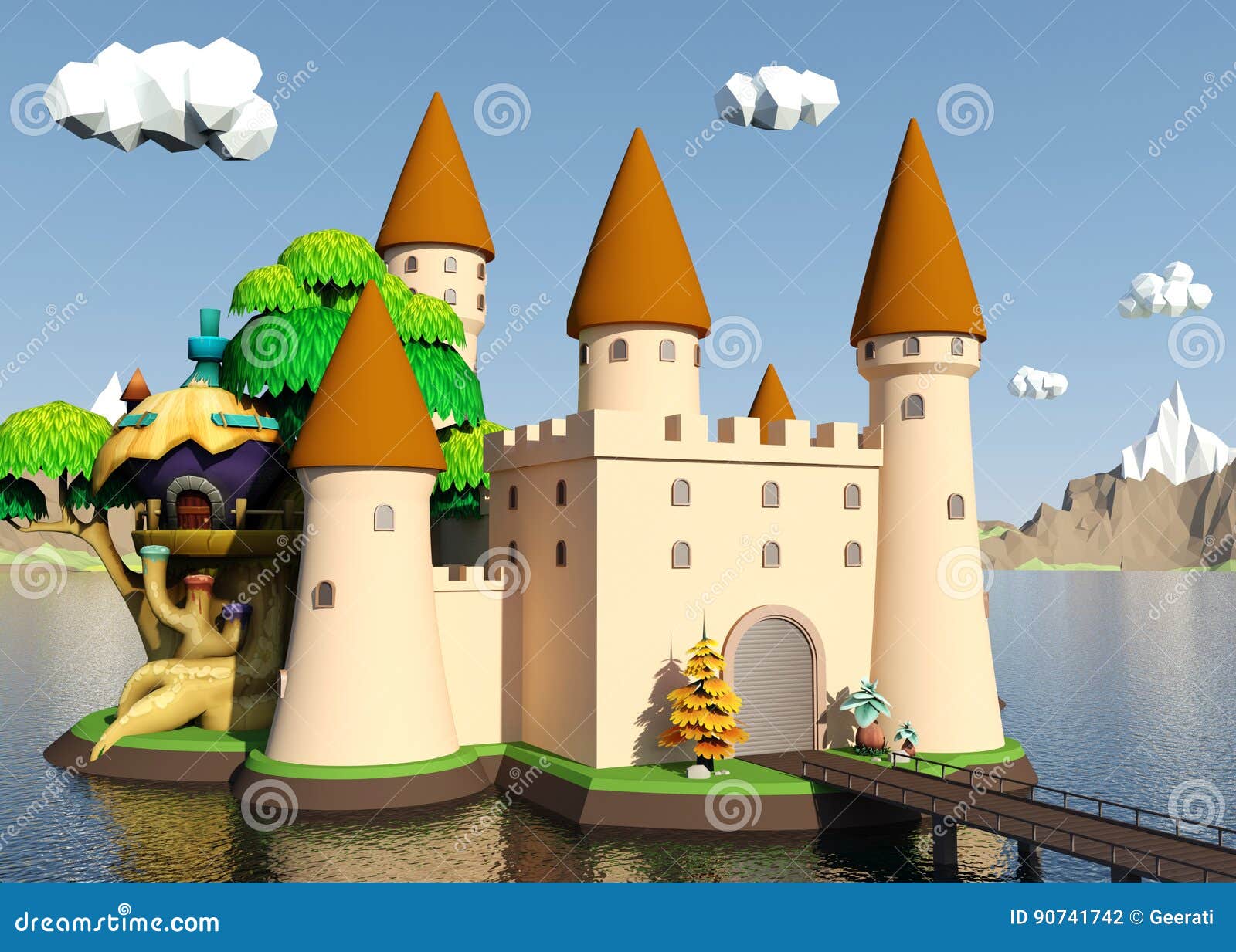Cartoon Medieval Castle on Island with Beautiful Landscape Stock ...