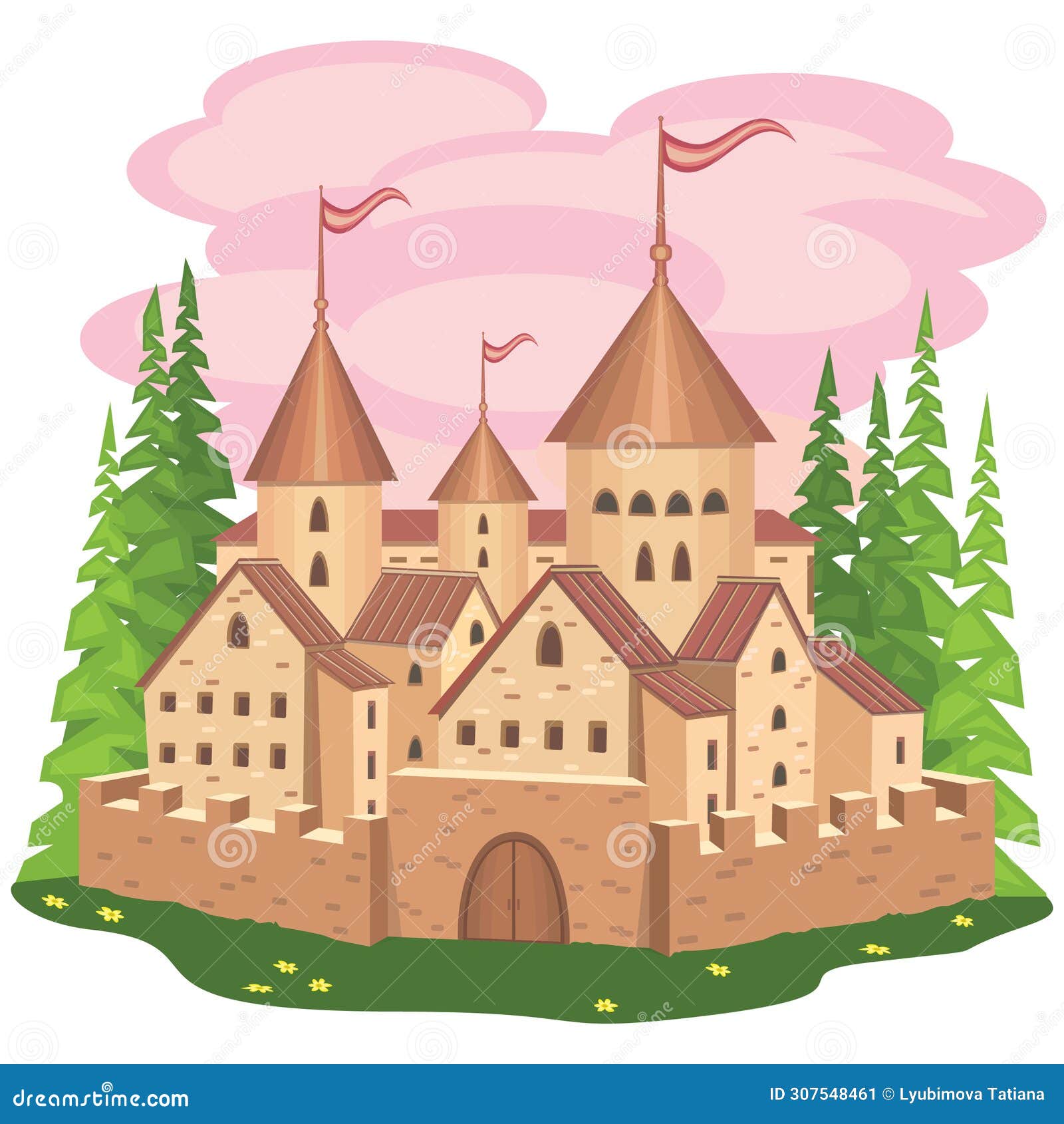 Cartoon Medieval Castle with Towers in the Middle of the Forest Vector ...