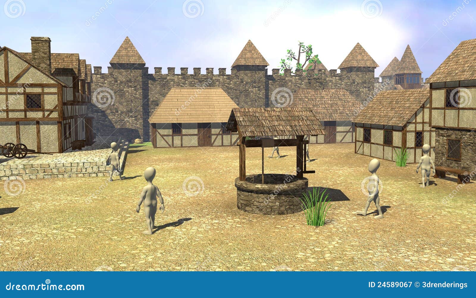 Cartoon Men in Medieval Village Stock Illustration - Illustration of ...