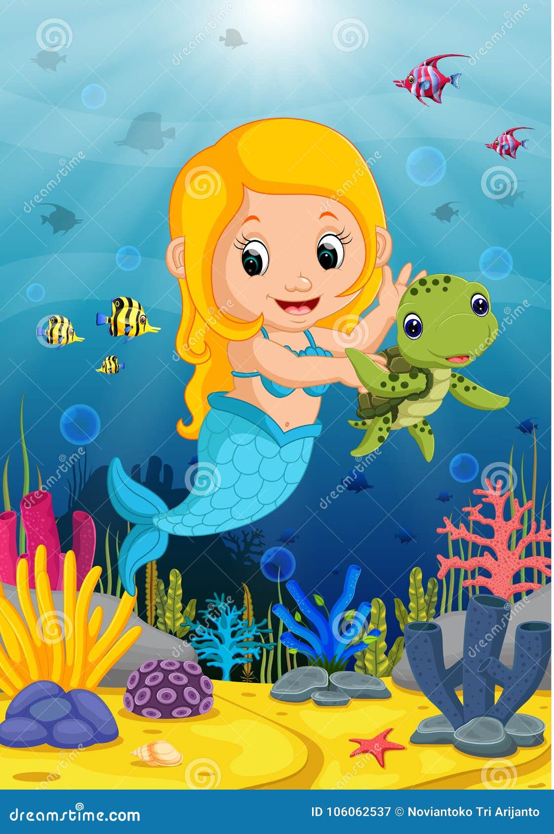 Cartoon Mermaid Underwater Wtih Turtle Stock Vector - Illustration of ...