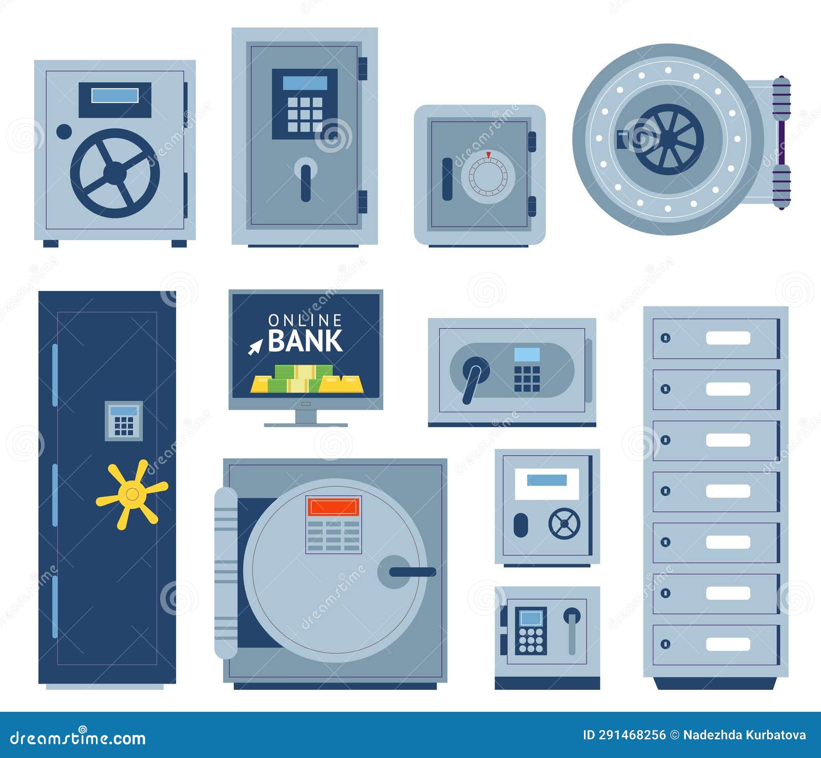 Cartoon Metal Safe Boxes. Different Types Code Locks. Secure Cash ...